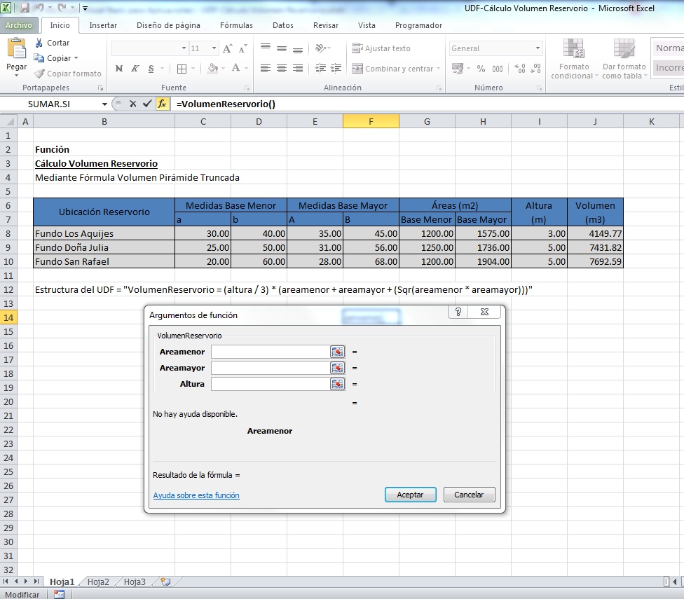 UDF Cálculo Volumen Reservorio « Excel Avanzado
